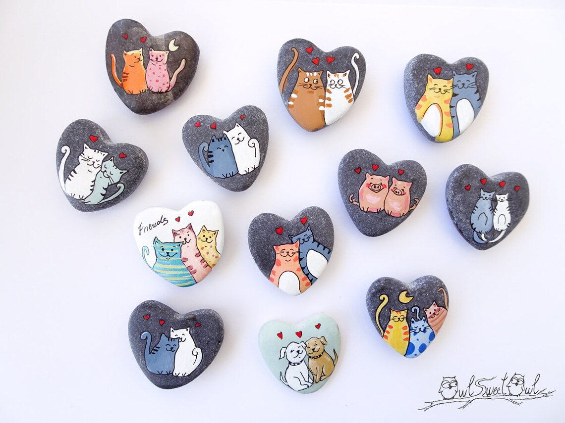 Painted Rock Magnet Cat Stone Painting Marble Heart Pebble - Etsy