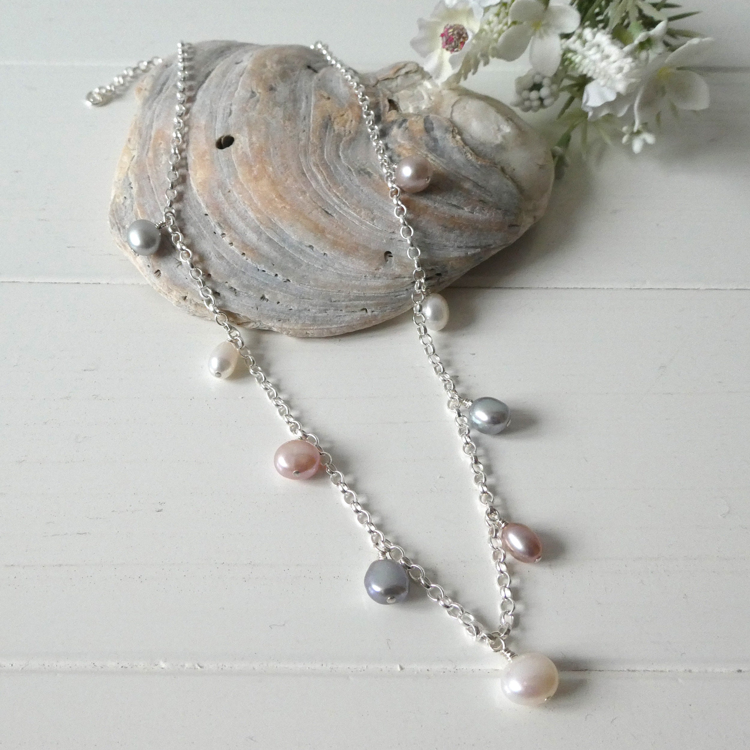 Silver and Pearl Necklace Silver Chain Necklace With Pink - Etsy Singapore