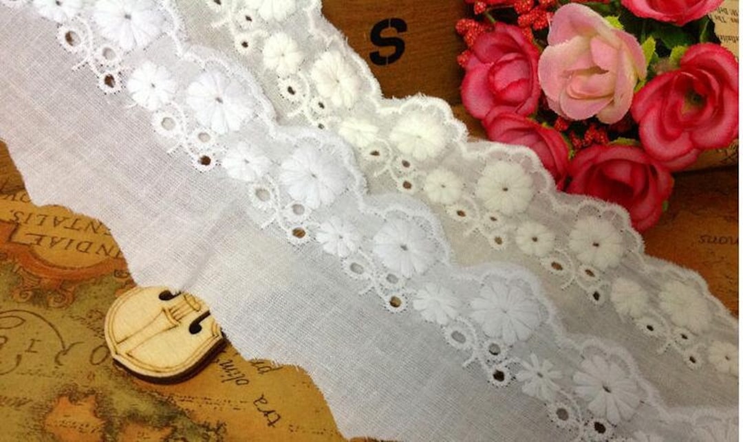 Antique White Cotton Trim Vintage Linen Dainty Tiny Floral Embroidery ...