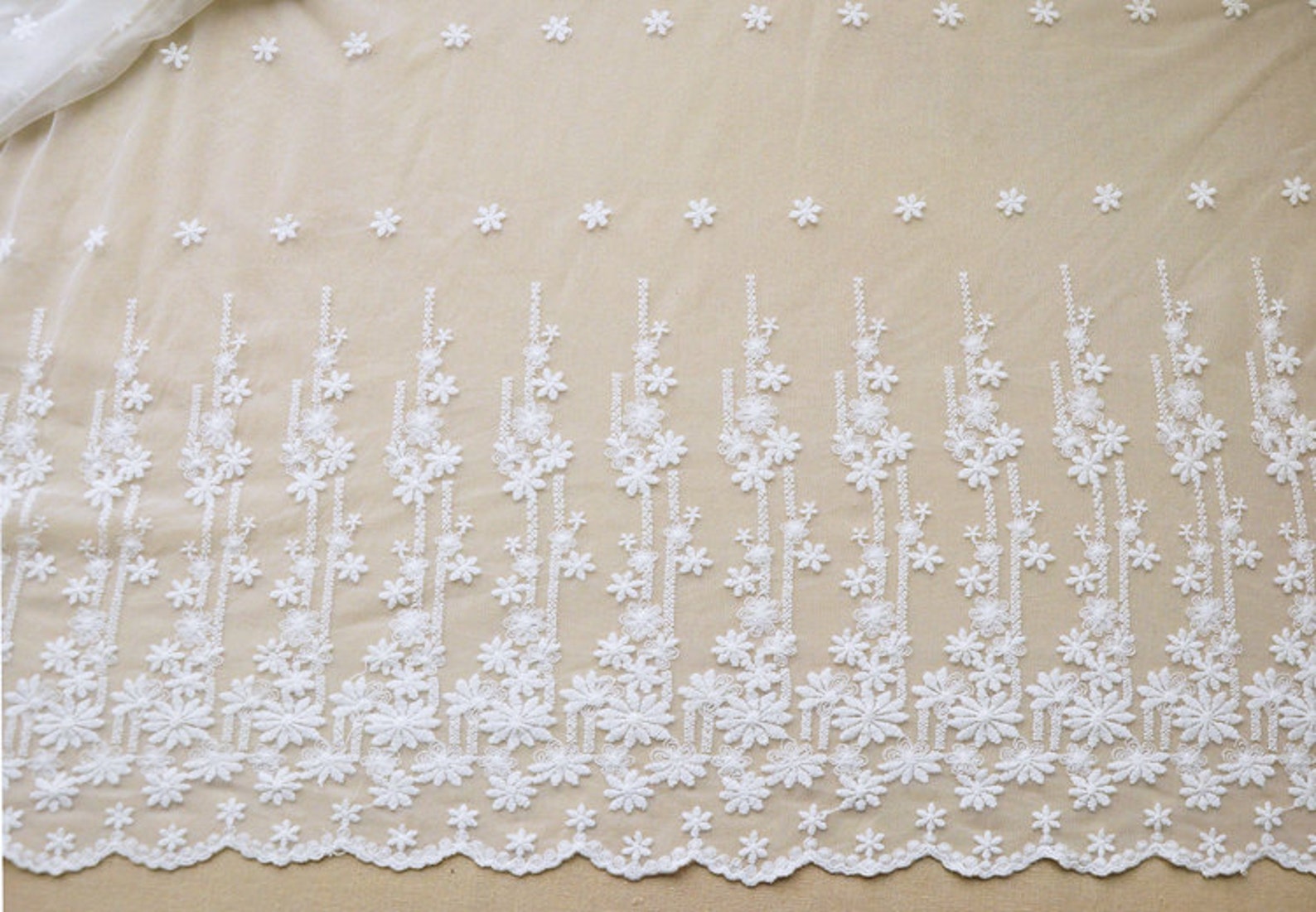 White Lace Fabric Embroidery Lace Fabricdouble Scalloped - Etsy