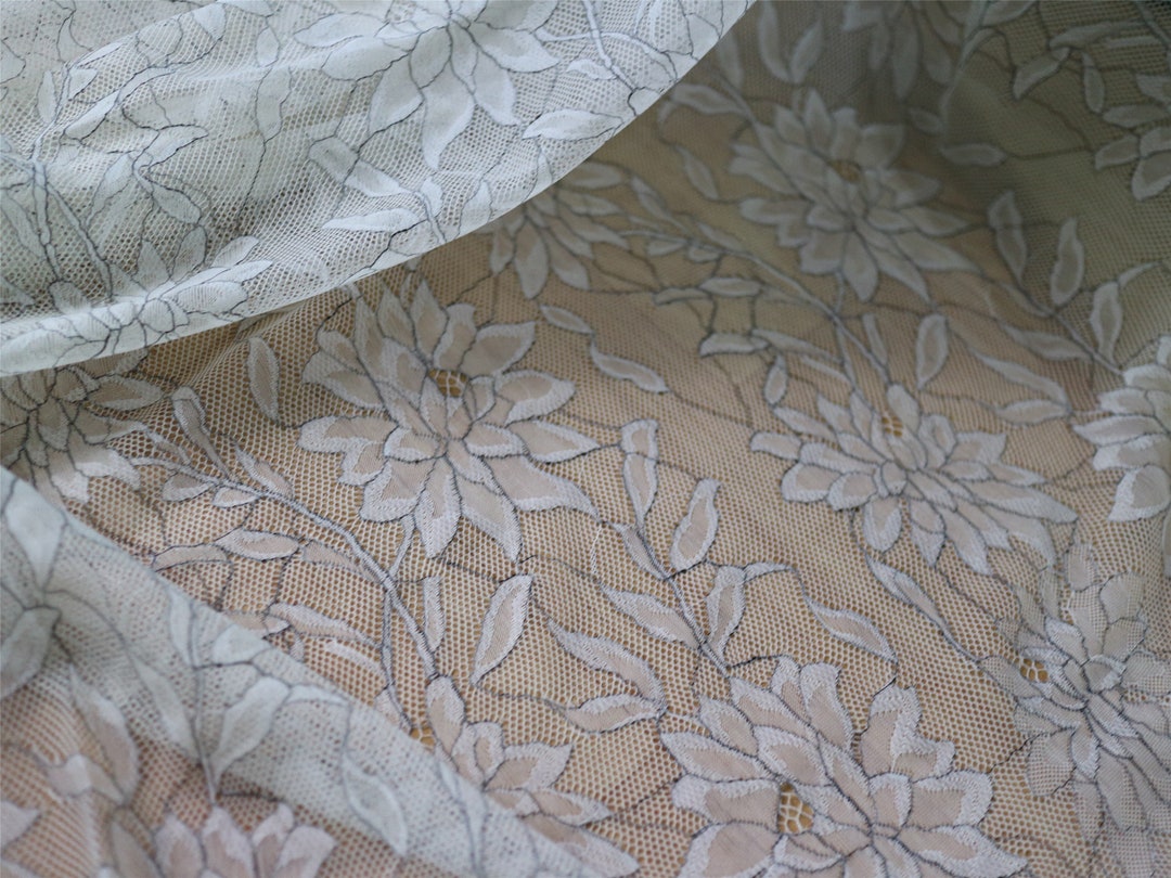 Light Yellow Lace With Black Thread, Ivory Lace Fabric, French Lace ...