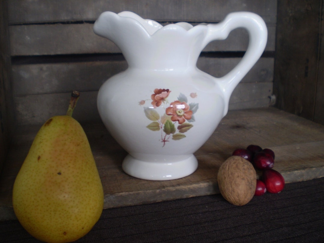 Brown Rose and Leaves on White Pitcher With Ruffle Edge and - Etsy