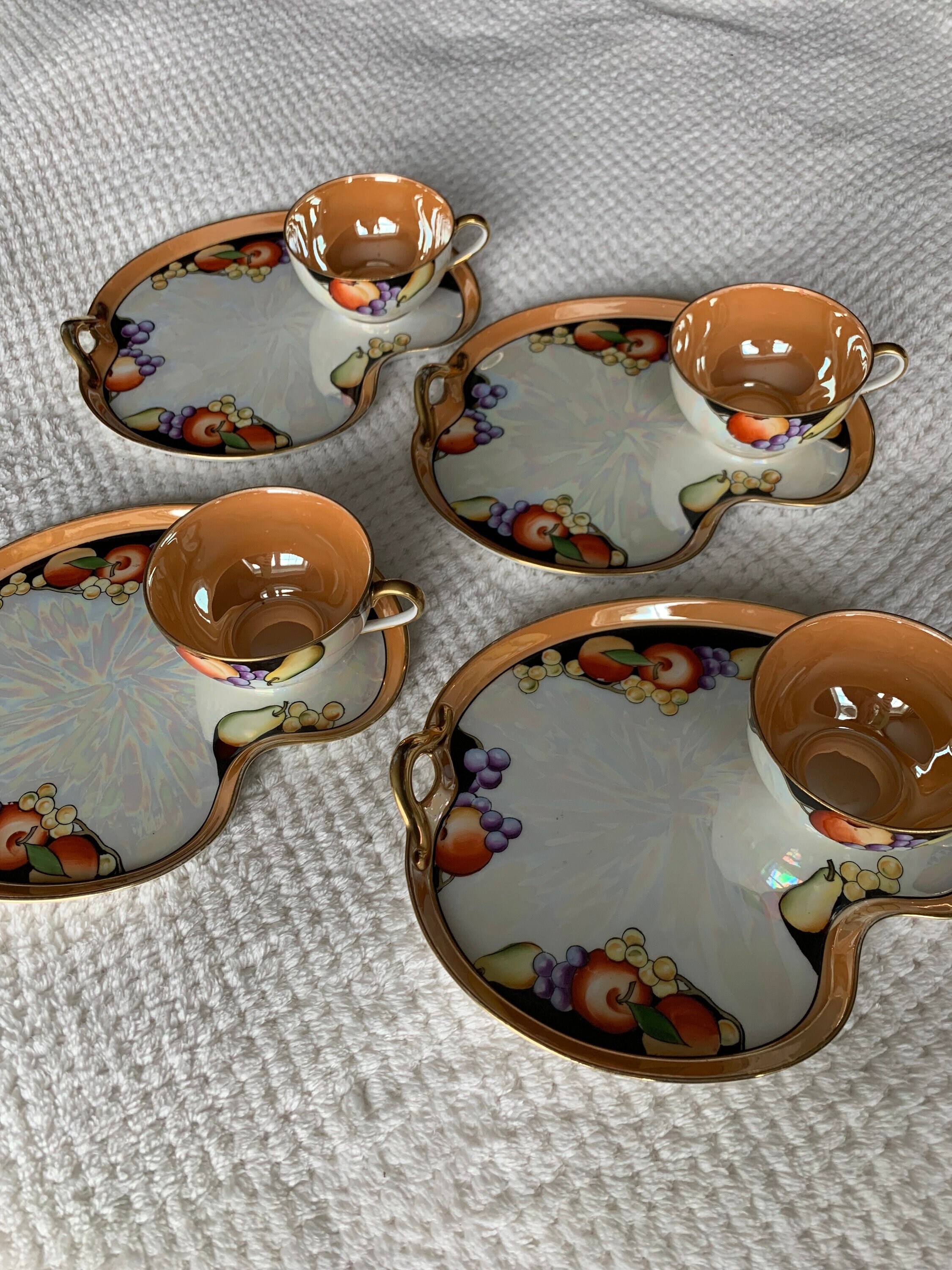 Teacup and Snack Plate Set, Set of 4 Orange Opalescent With Fruit ...