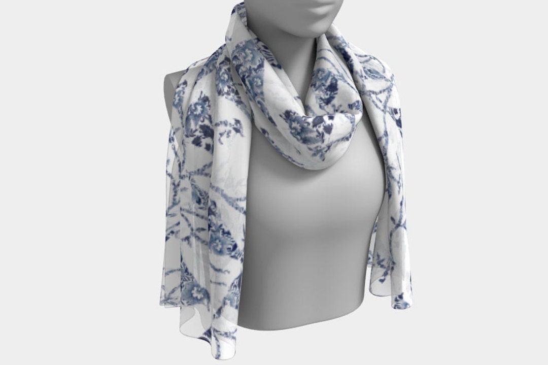 Chinoiserie Long Scarf - "patterned Birds on Branches" - 72 X 16 Inches ...