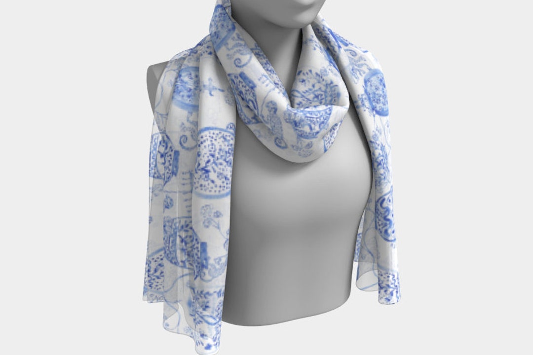 Chinoiserie Long Scarf - "chinoiserie Vases" - Hand Painted Watercolour ...