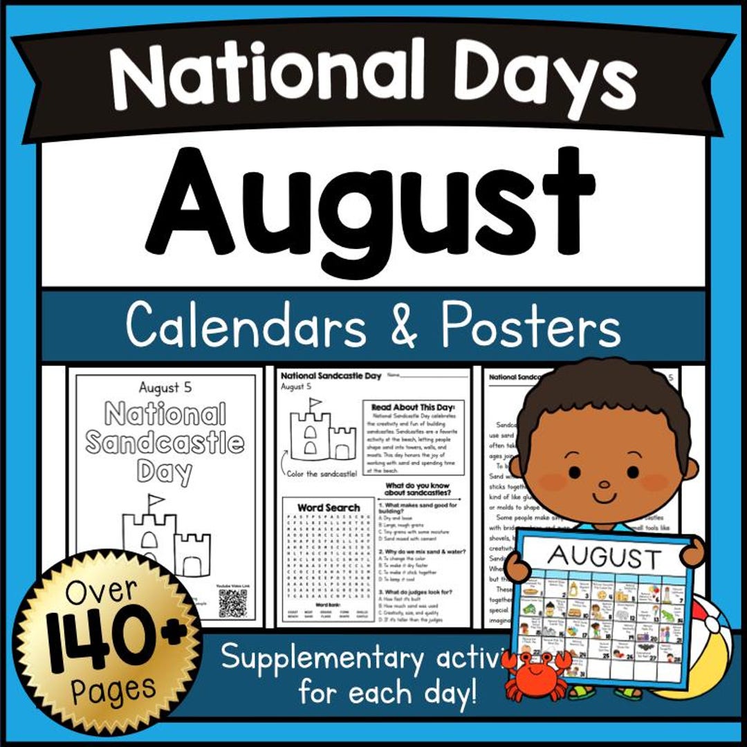 August National Days Calendar Posters Worksheets Articles Printable ...