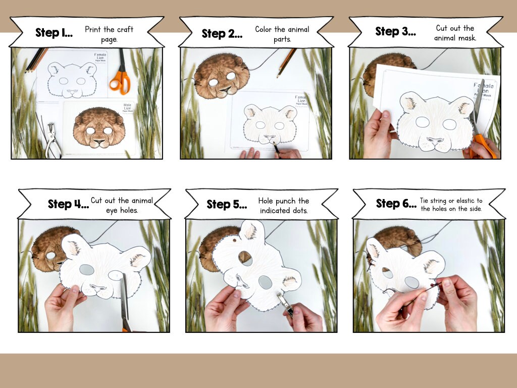 Lion Paper Mask Craft Kit Printable Majestic Animal Mask Template ...