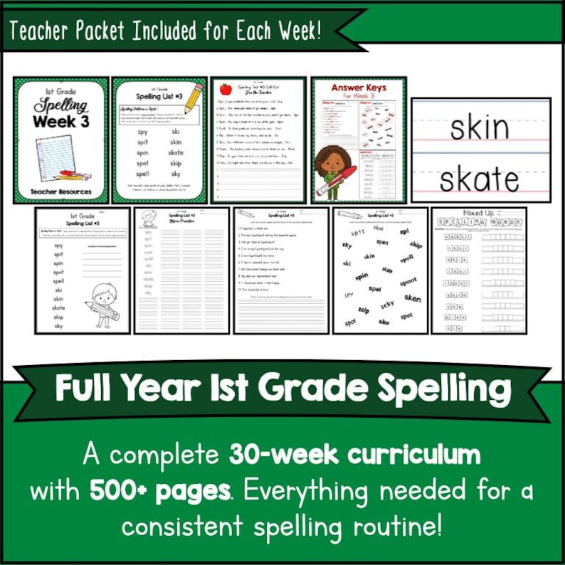 1st GRADE SPELLING Curriculum Printable - 30 Weeks of Printable ...