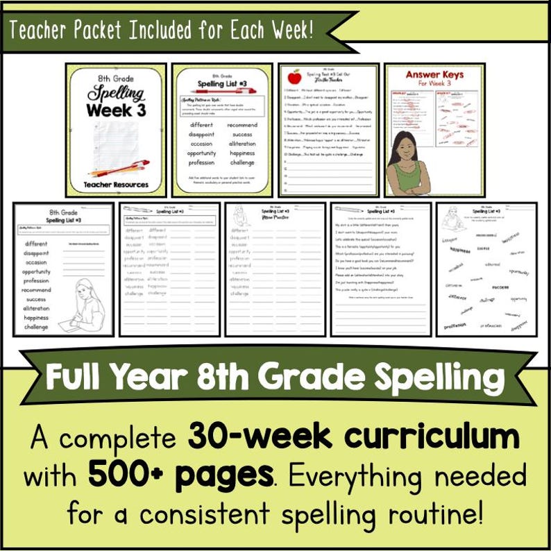 8th GRADE SPELLING Curriculum Printable - 30 Weeks of Printable ...
