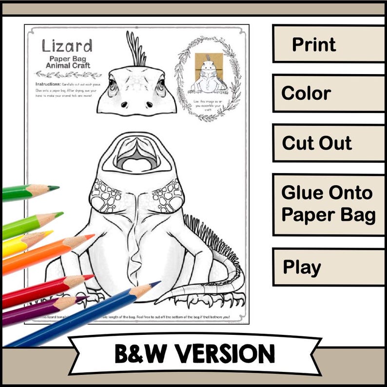 Printable LIZARD Puppet Craft Template | DIY Paper Bag Animal PDF | Fun ...