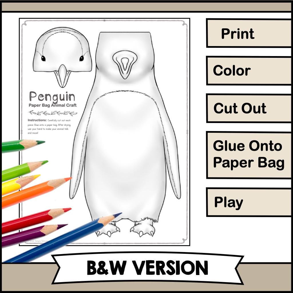 DIY Printable Penguin Paper Bag Puppet Craft PDF | Fun Arctic Animal ...