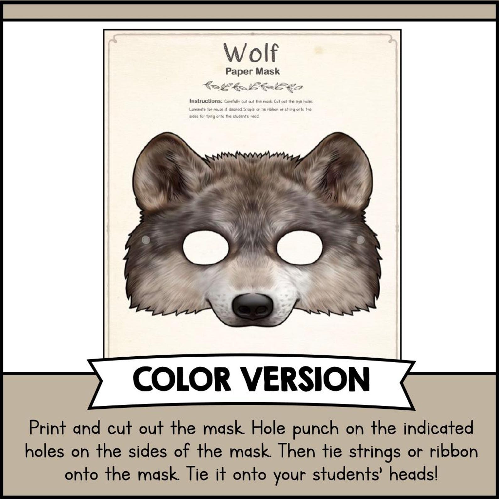 Printable WOLF Paper Mask Template | DIY Craft Animal PDF | Kids and ...