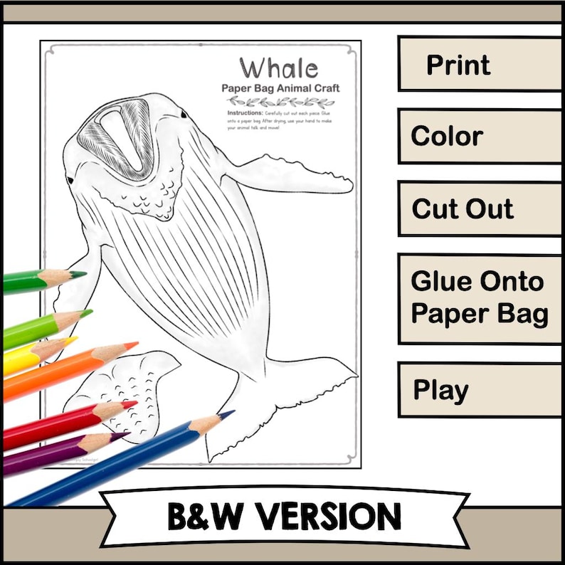 Whale Paper Bag Puppet Printable, Realistic Humpback Ocean Animal Craft ...