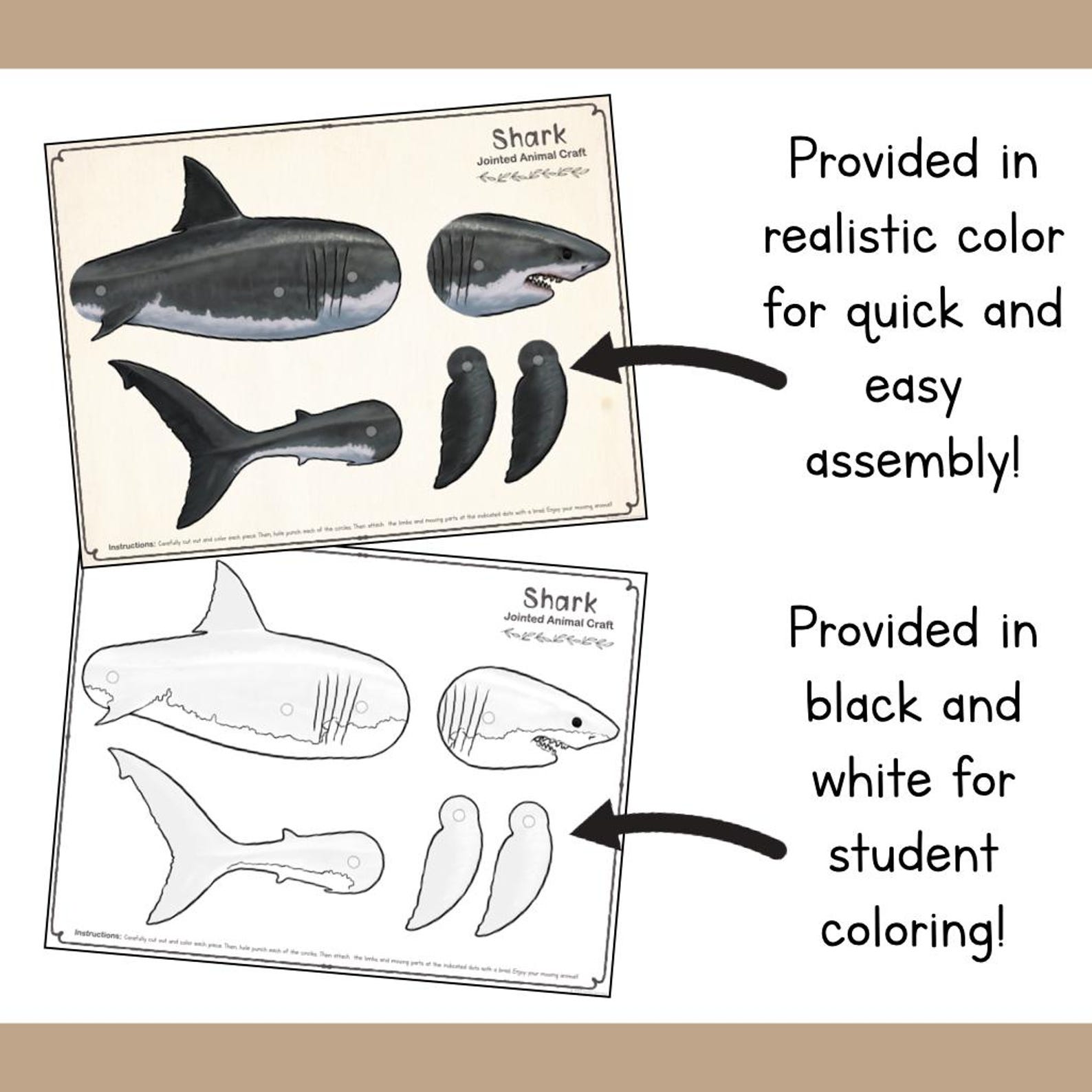 Articulated Shark Craft Template | Jointed Printable Movable Animal ...