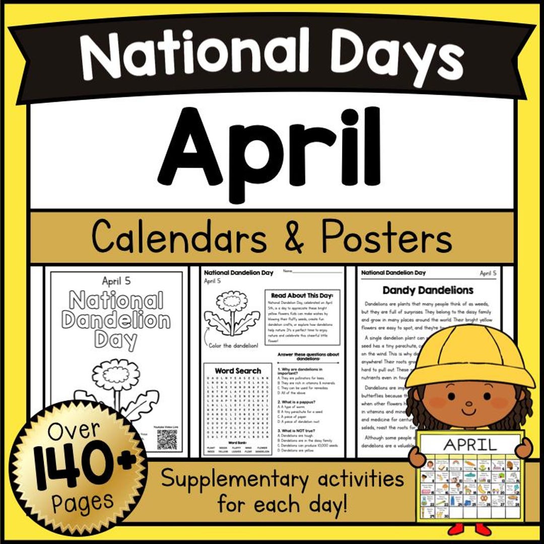 April Calendar Printable, National Days Print, Classroom Early Finisher ...