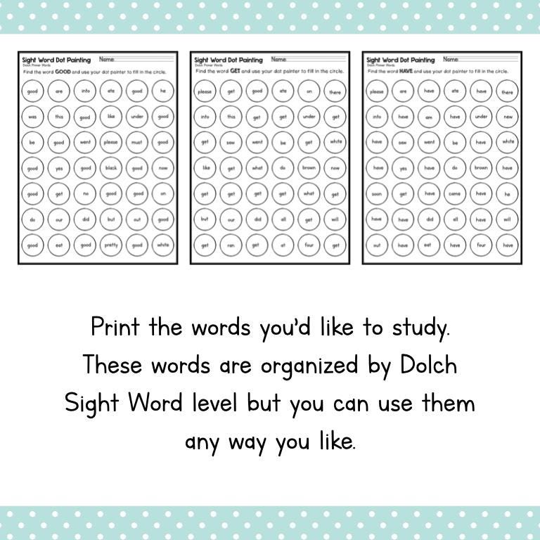 Sight Word Dot Painting Printable, Dab a Dot Worksheets, Kindergarten ...