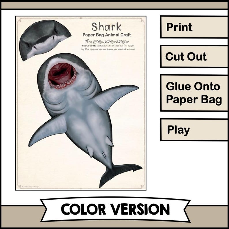 Ocean Animal SHARK Puppet Craft Template | DIY Articulated Paper Bag ...