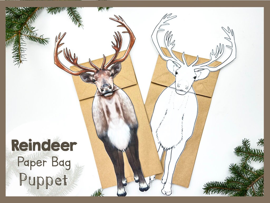Reindeer Paper Bag Puppet Craft Kit Articulated Caribou Craft Template ...