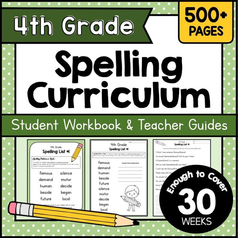4th GRADE SPELLING Curriculum Printable - 30 Weeks of Printable ...