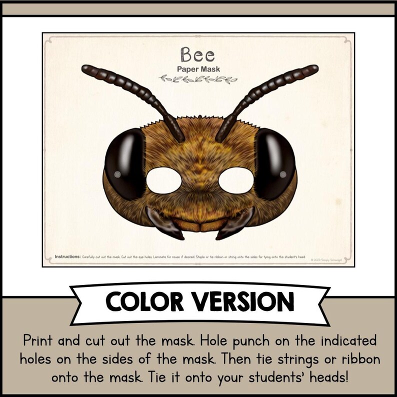Printable Jointed BEE Paper Mask Craft Template Kit | DIY Animal Face ...