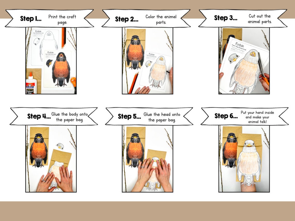 Robin Paper Bag Puppet Kit Autistic Kids Crafts Time Activity Printable ...