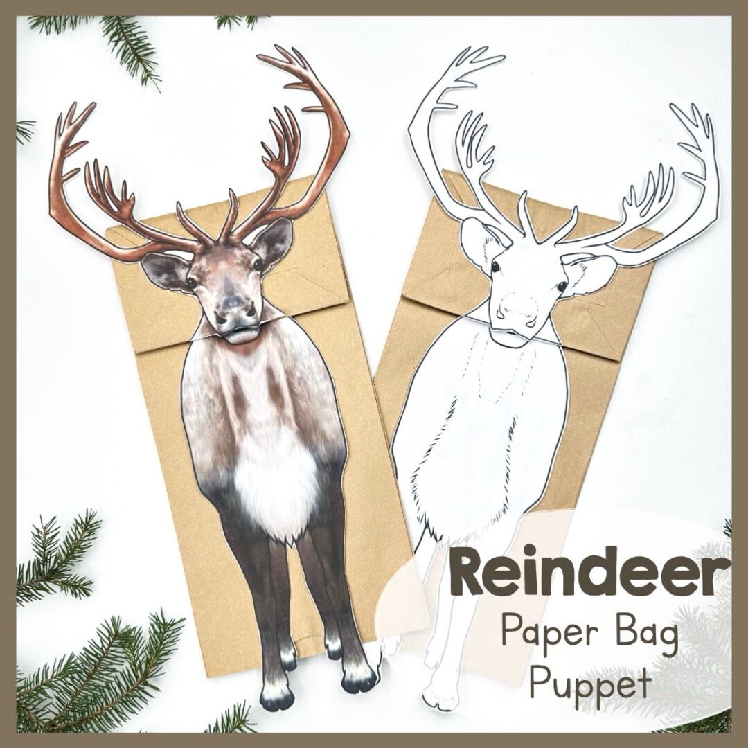 Reindeer Paper Bag Puppet Craft Kit: Articulated Caribou (PDF Download ...