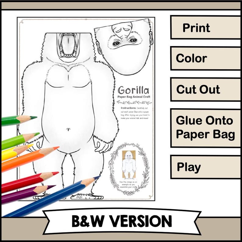 Printable GORILLA Paper Bag Puppet Craft Kit | DIY Animal Template PDF ...