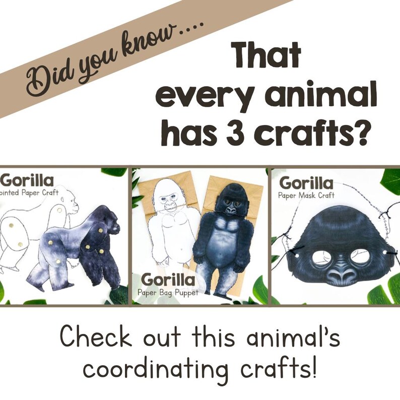 Printable GORILLA Paper Bag Puppet Craft Kit | DIY Animal Template PDF ...