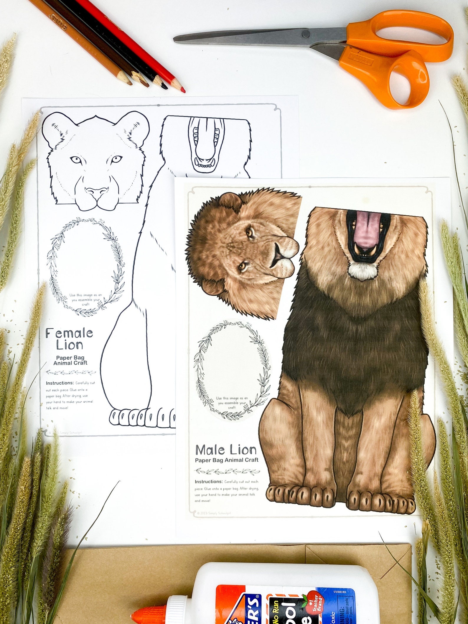 Lion Paper Bag Puppet Craft Template | Safari Animal Puppet for ...