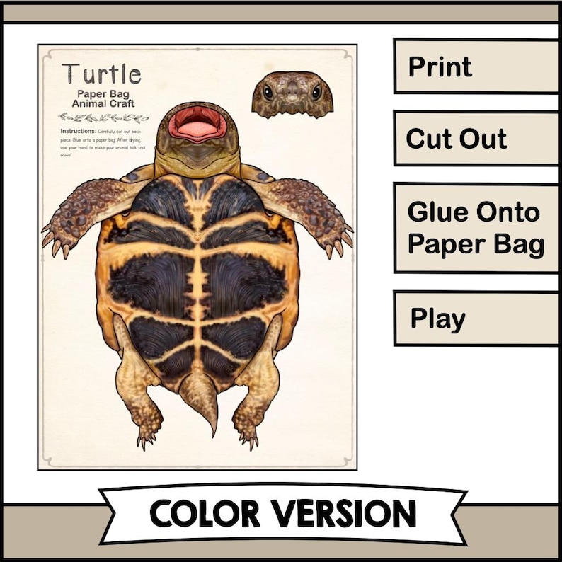 TURTLE Puppet Craft Kit Printable Turtle Papercraft DIY Kids Paper Bag ...