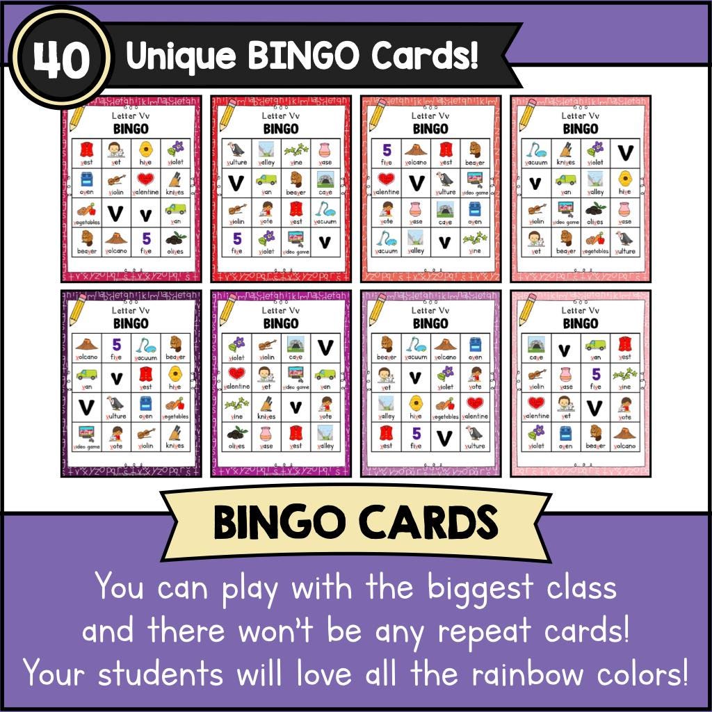 Letter V BINGO GAME Printable Pdf - Cute Alphabet Bingo Cards for Kids ...
