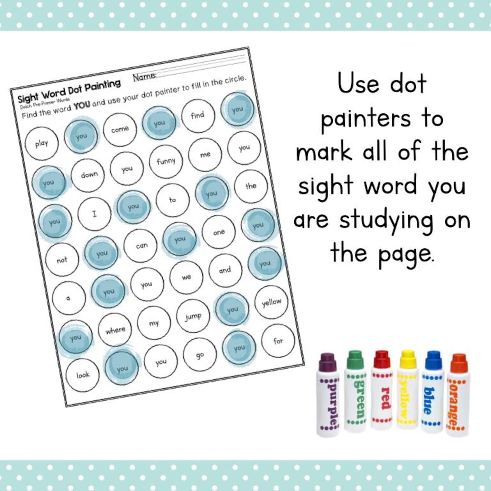 Sight Word Dot Painting Printable, Dab a Dot Worksheets, Kindergarten ...