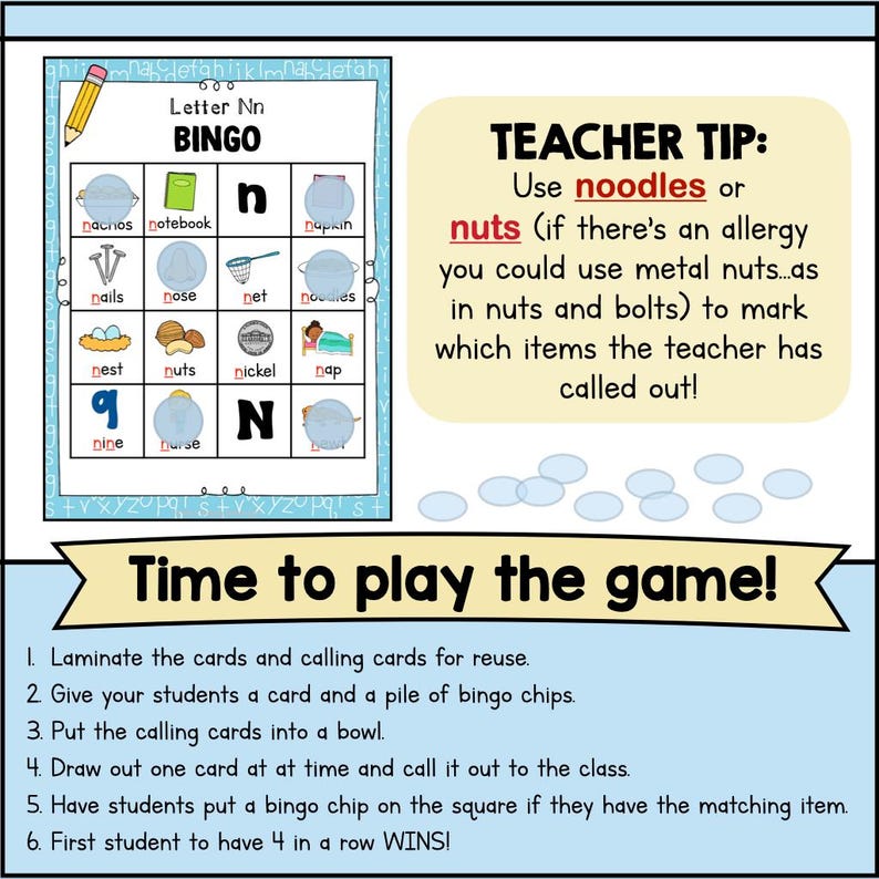 Letter N BINGO GAME Printable Pdf - Cute Alphabet Bingo Cards for Kids ...
