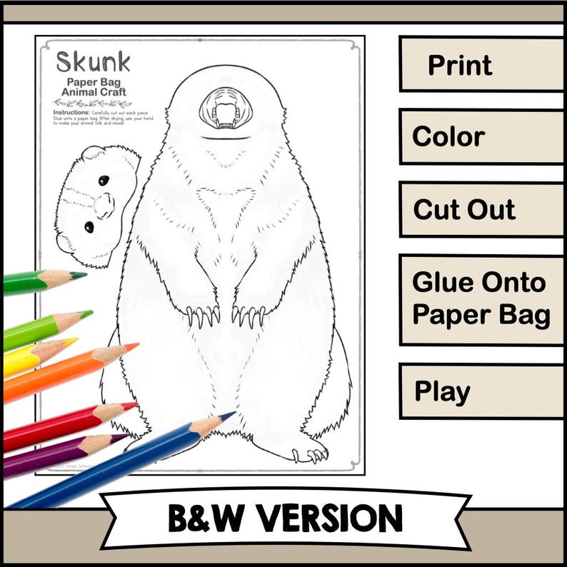 Skunk Paper Bag Puppet Craft Printable, Forest Animal Craft for Kids ...