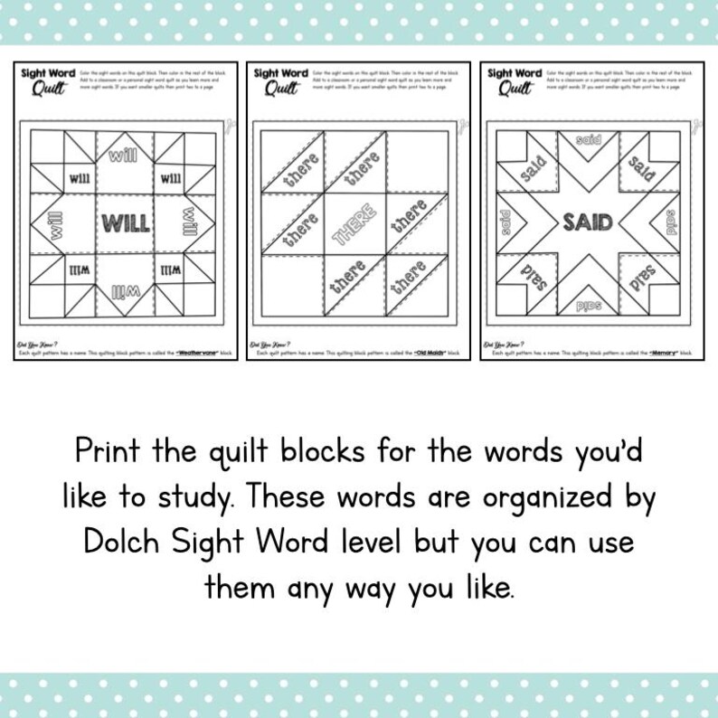 Sight Word Quilts Printable Sight Words Worksheets Literacy Activities ...