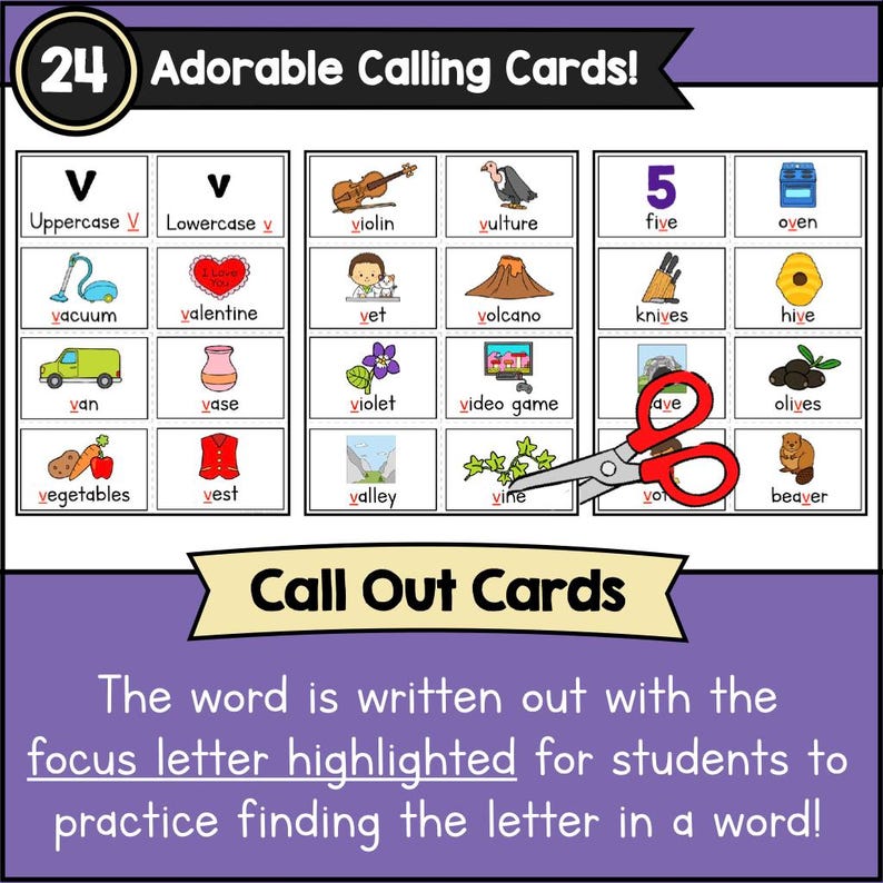 Letter V BINGO GAME Printable Pdf - Cute Alphabet Bingo Cards for Kids ...