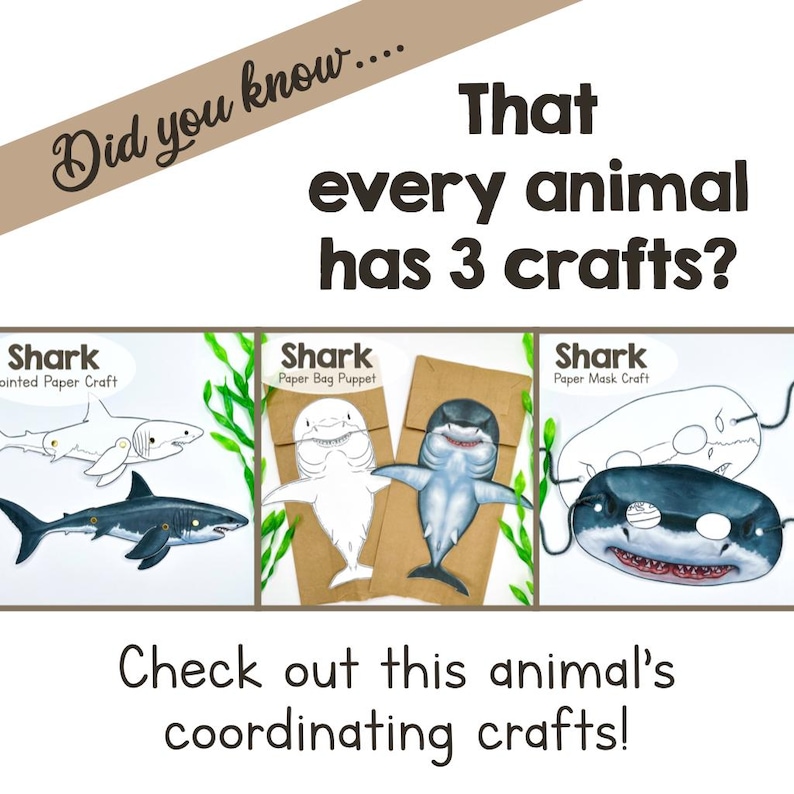 Shark Paper Bag Puppet Craft Kit: Printable Ocean Animal Template (PDF ...
