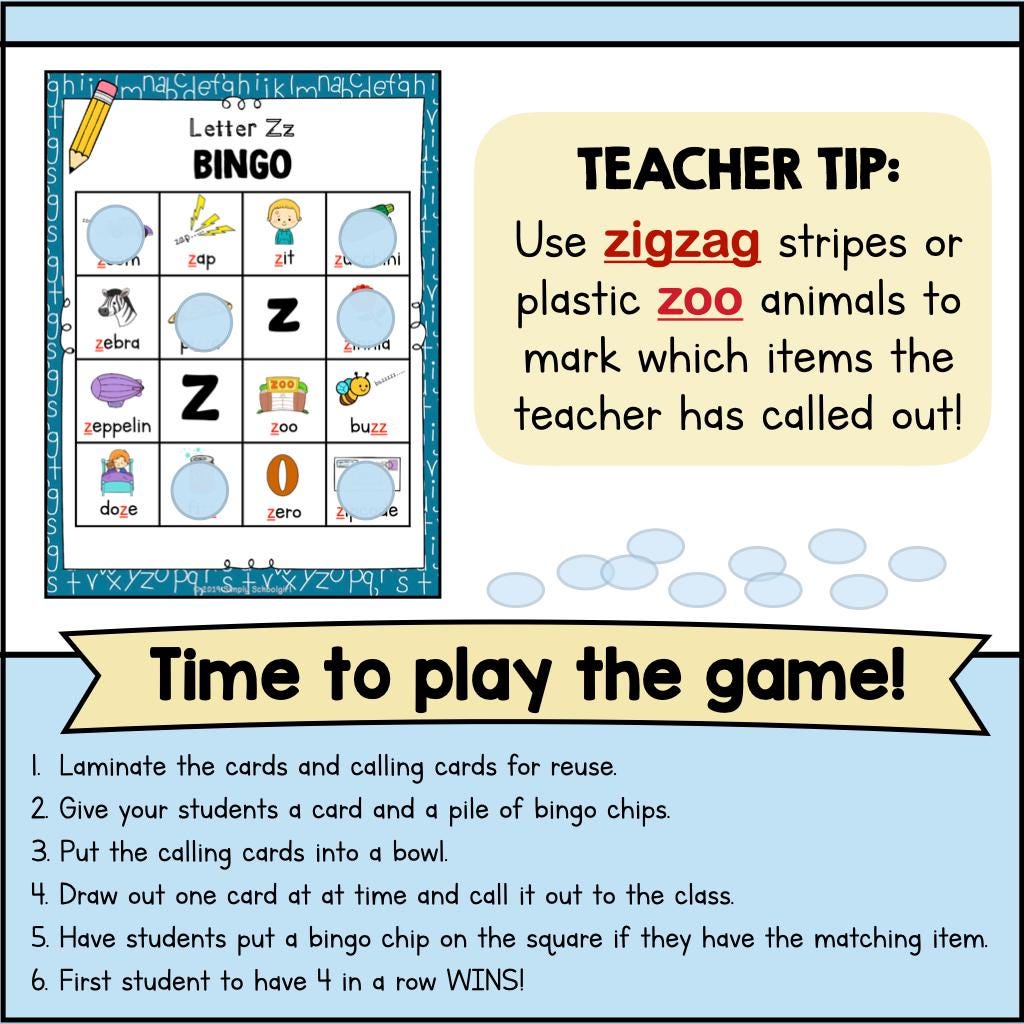 LETTER Z BINGO Game – Cute Alphabet Bingo Printable for Preschool and ...
