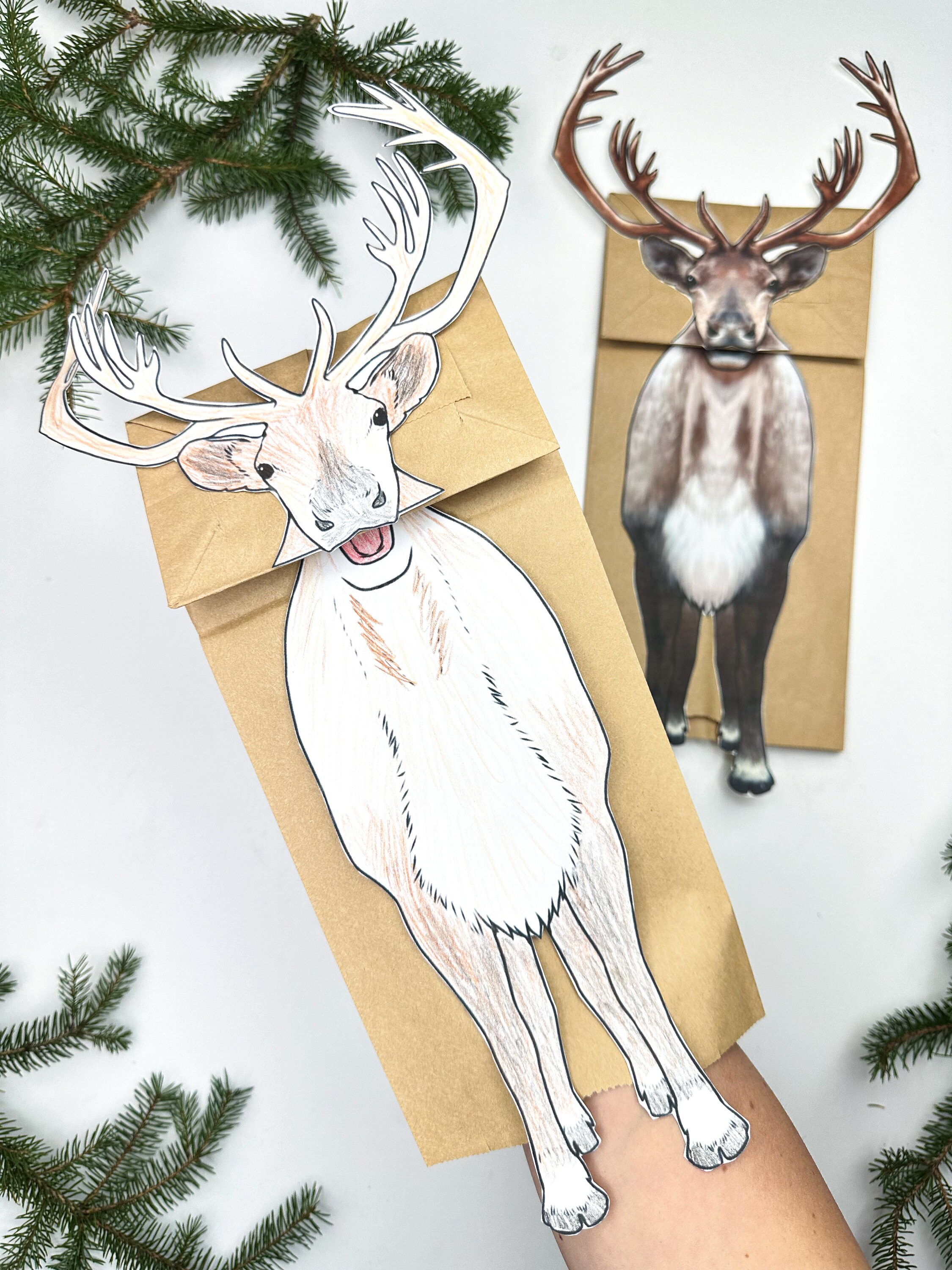 Reindeer Paper Bag Puppet Craft Kit Articulated Caribou Craft Template ...