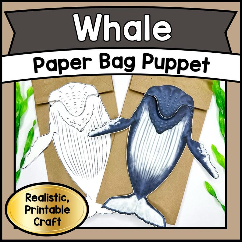Whale Paper Bag Puppet Printable, Realistic Humpback Ocean Animal Craft ...