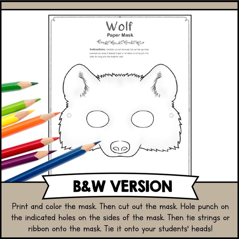 Printable WOLF Paper Mask Template | DIY Craft Animal PDF | Kids and ...