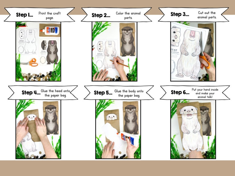 Kids Craft Otter Puppet | Printable Paper Bag Template | Animal ...