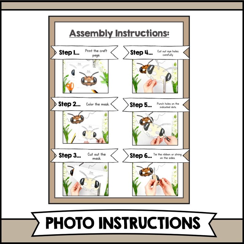 Printable Jointed BEE Paper Mask Craft Template Kit | DIY Animal Face ...