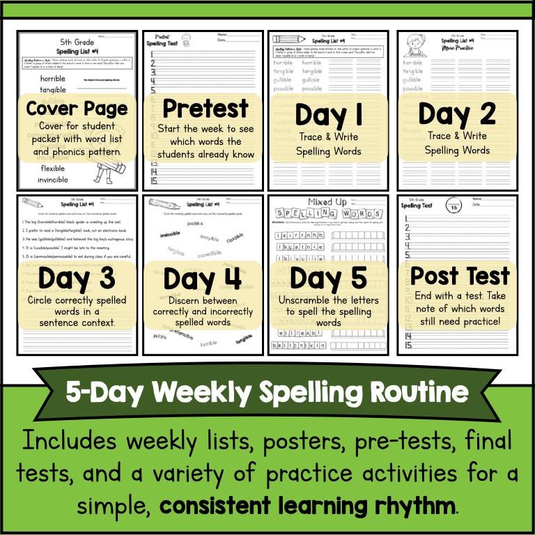 5th GRADE SPELLING Curriculum Printable - 30 Weeks of Printable ...