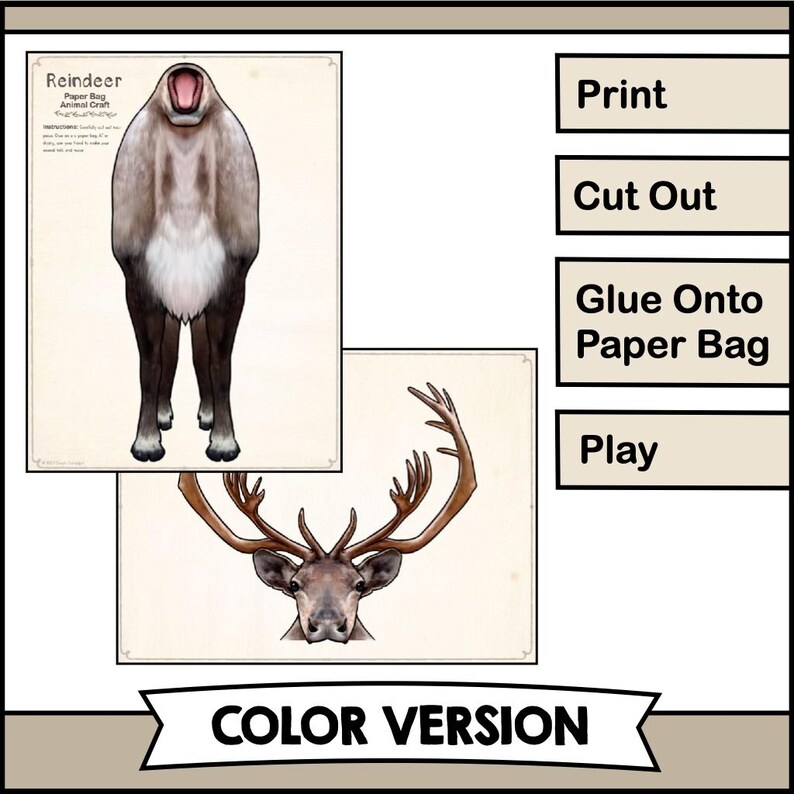 Reindeer Paper Bag Puppet, Realistic Puppet Animal Bag Craft, DIY Paper ...