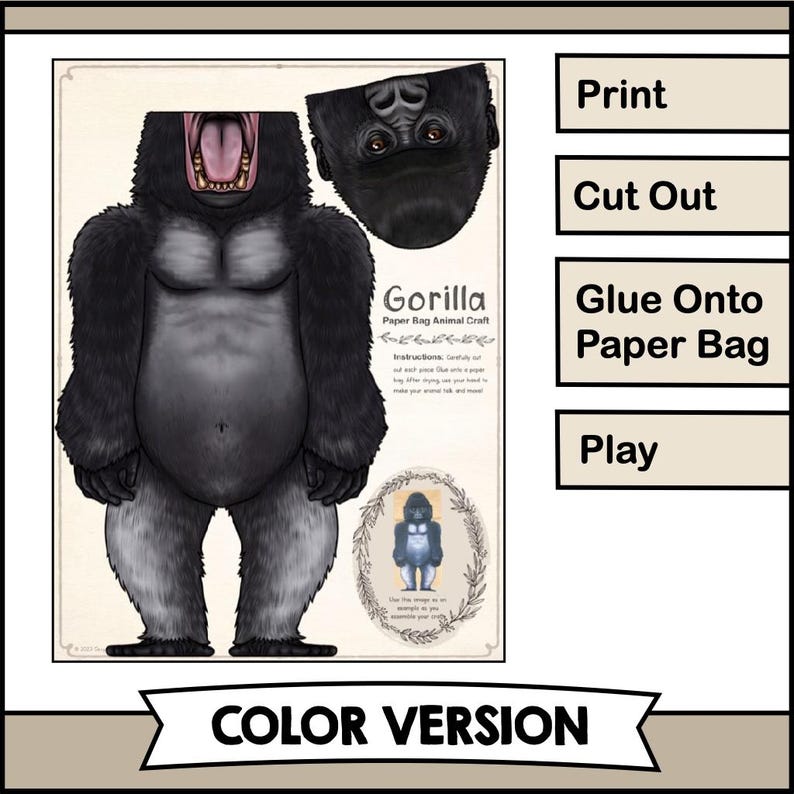 Printable GORILLA Paper Bag Puppet Craft Kit | DIY Animal Template PDF ...