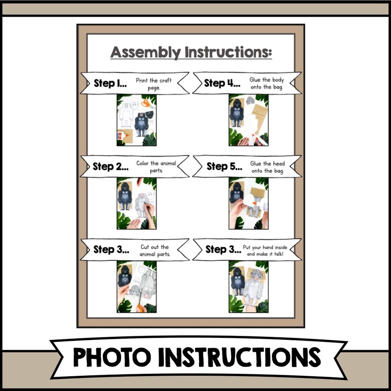 Printable GORILLA Paper Bag Puppet Craft Kit | DIY Animal Template PDF ...