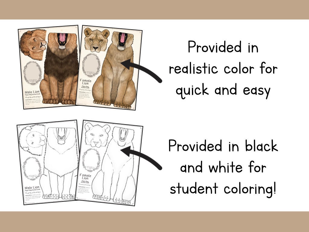 Lion Paper Bag Puppet Craft Template | Safari Animal Puppet for ...