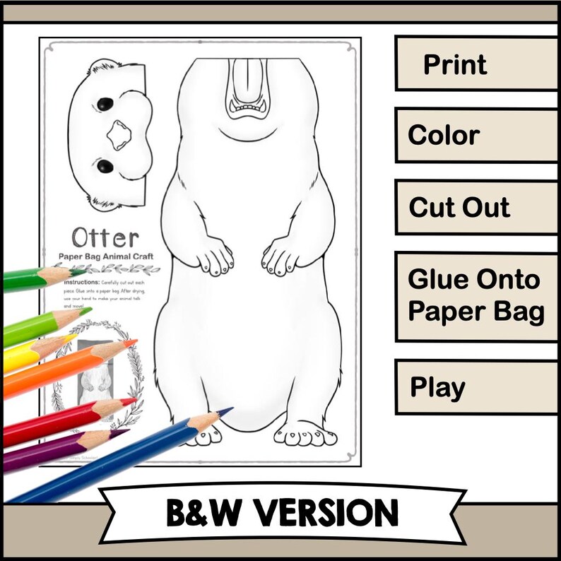 Printable OTTER DIY Puppet Craft Kit | Paper Bag Animal Template for ...