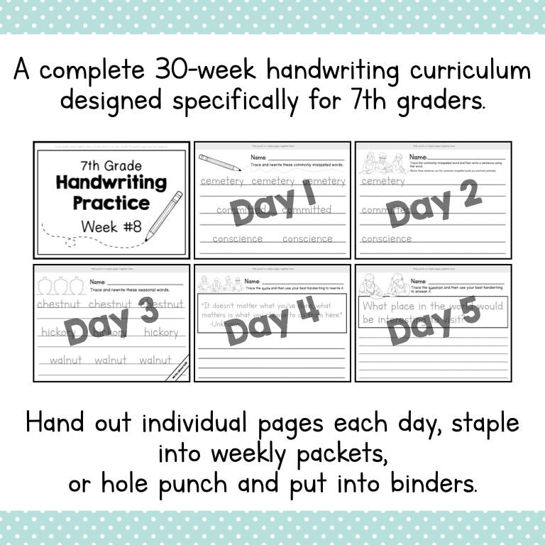7th GRADE HANDWRITING Curriculum PDF - 30 Weeks of Printable Writing ...